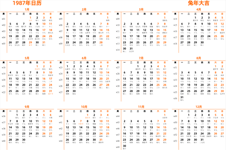 1987年电子日历 1987年全年日历PDF版 - 年历、周历、月历、日历 - 日历精灵